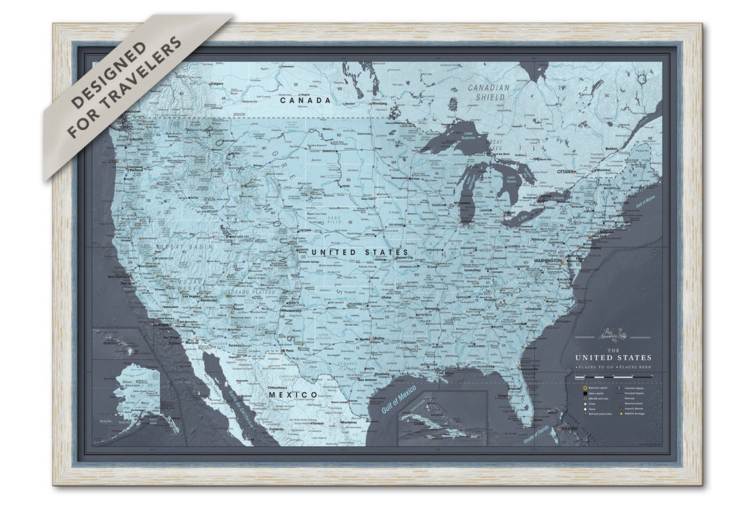USA Push Pin Map, United States Travel Pin Board, Framed Travel Map ...