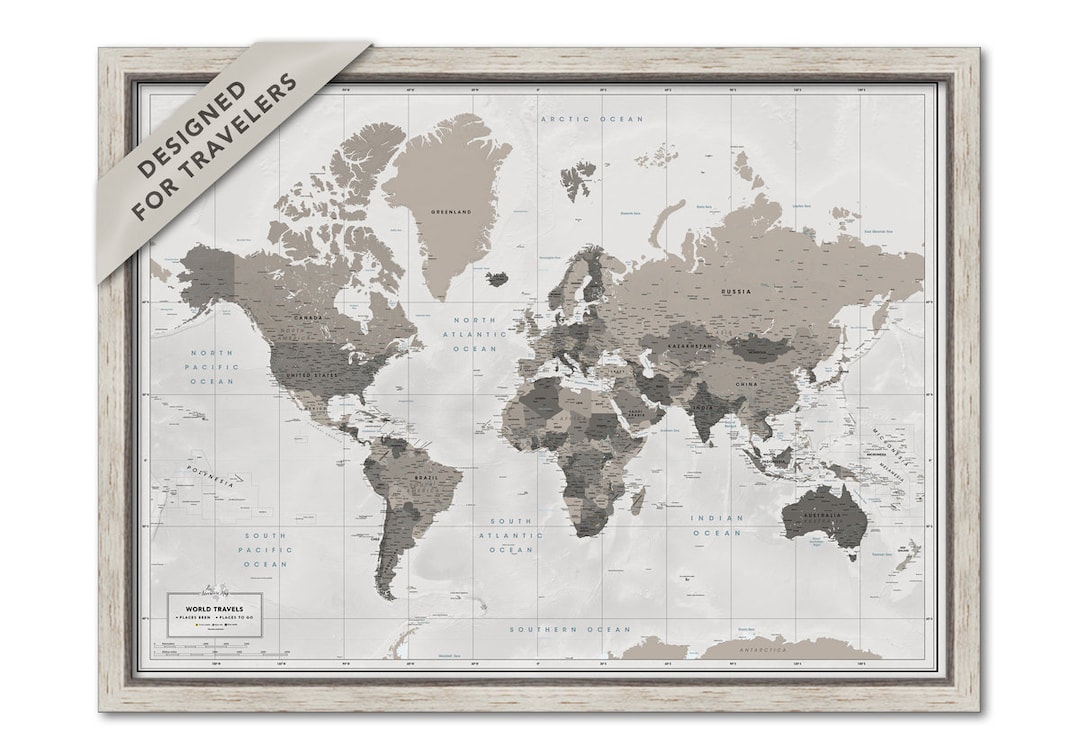 World Map for Travel Tracking - Framed Push Pin Map With ...
