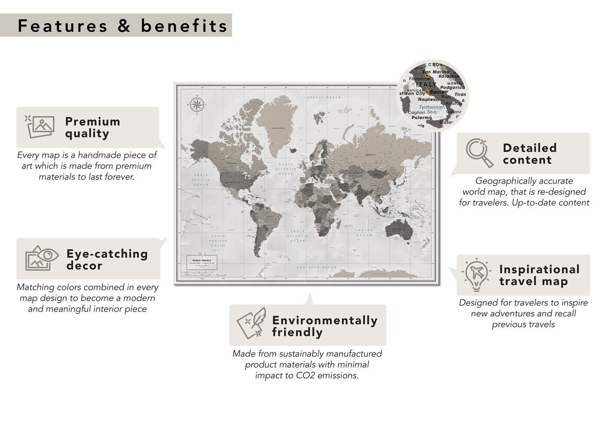 World map Poster for travelers Modern design travel pin map | Etsy
