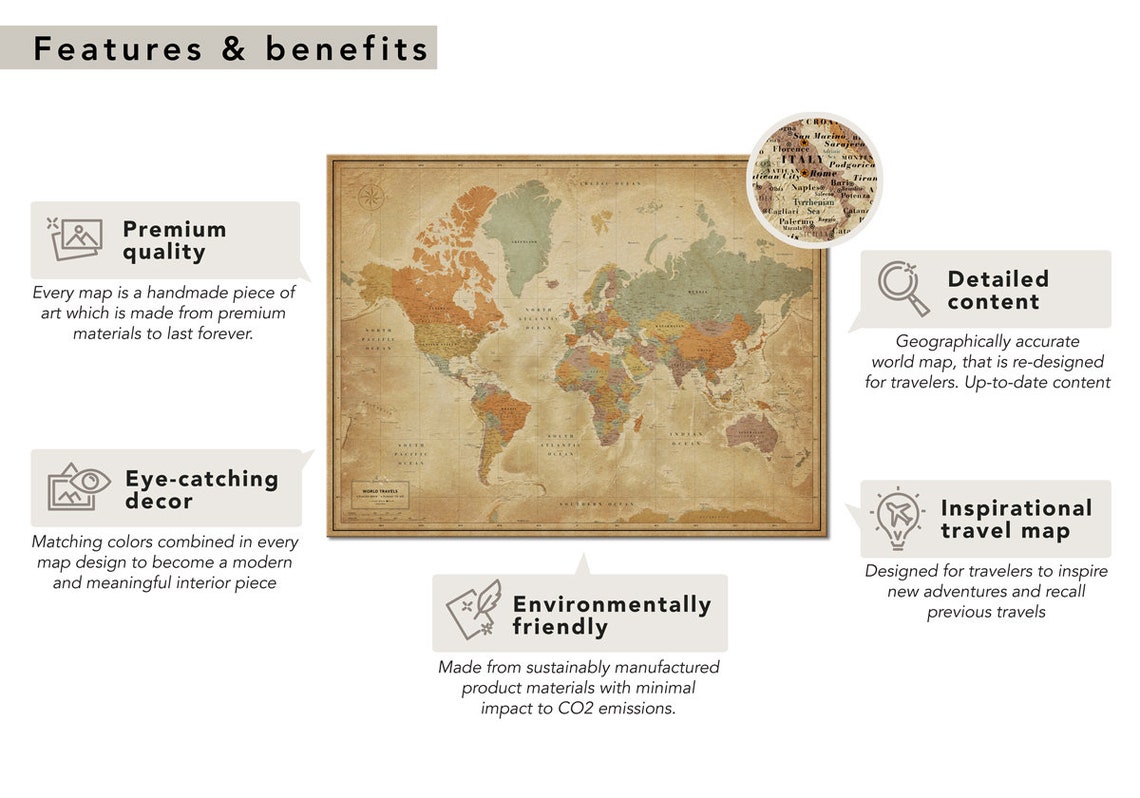 Vintage style map of the world poster Family travel pin map | Etsy