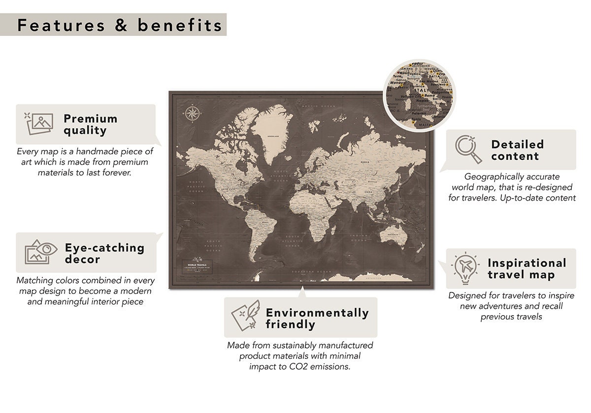 Personalized World Map Poster With Push Pins Travel Map | Etsy