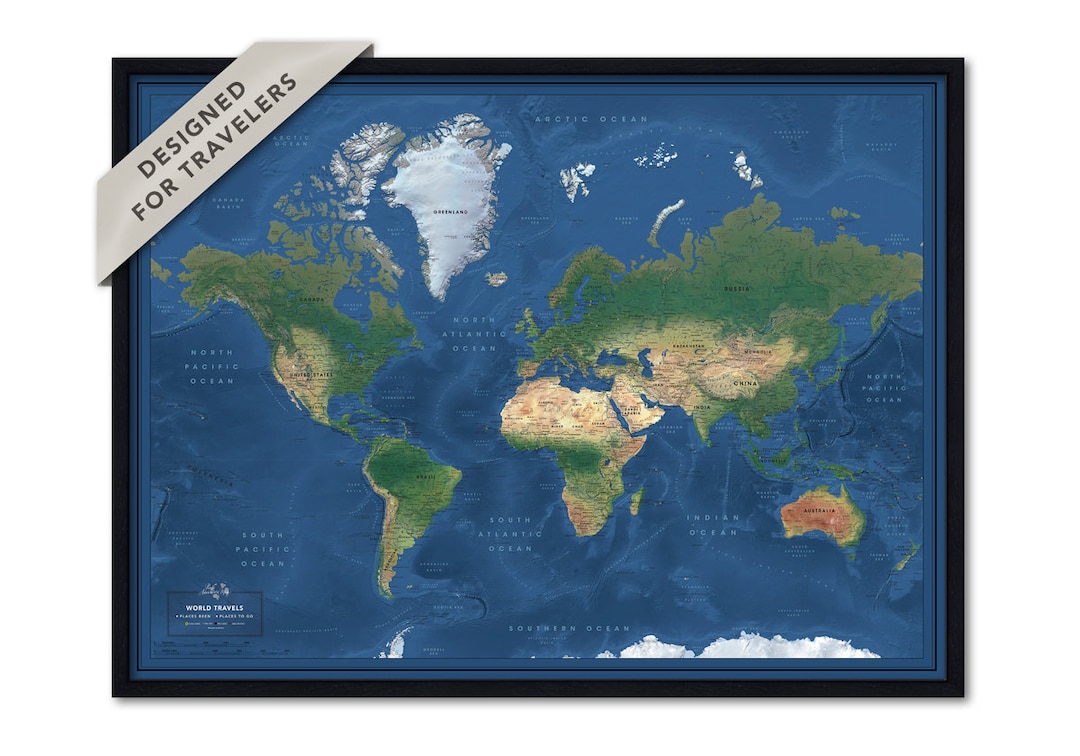 World Map With Pins, Detailed Push Pin Travel Map, Framed Map Wall Art ...