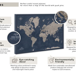World Map Canvas Pinboard, Push Pin Map, Minimalist Map of the World ...