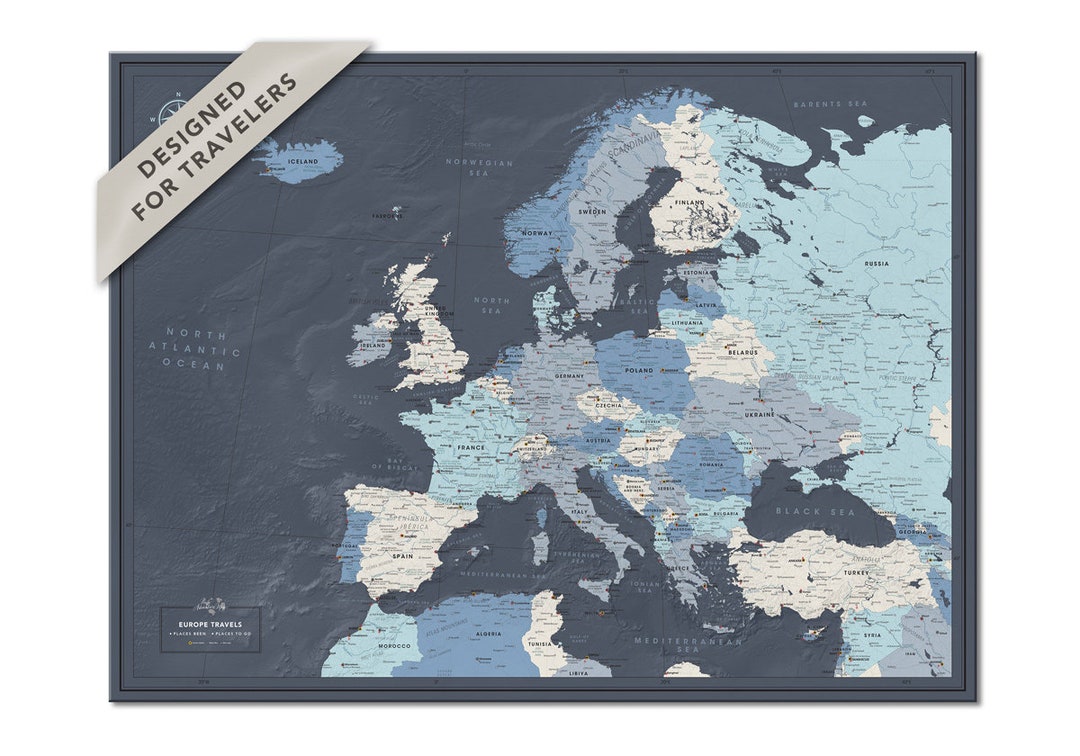 Europe Travel Map With Pins Push Pin Europe Map Poster With - Etsy