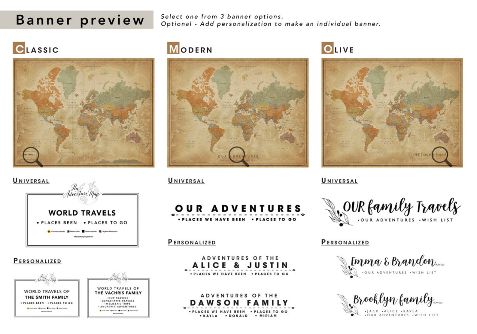 Vintage style map of the world poster Family travel pin map | Etsy