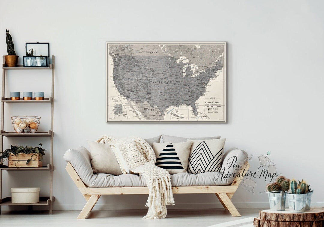 Push Pin Map USA Modern US Wall Map on Canvas Grey Travel - Etsy