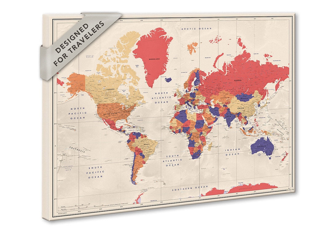Pin Board Map of the World, Push Pin Canvas Map, World Map Pinboard ...