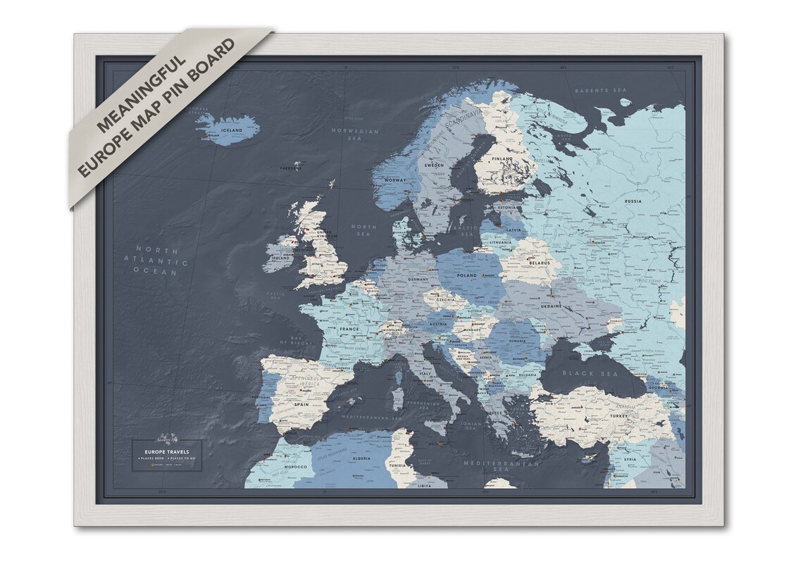 Framed Europe travel map with pins Modern design Europe map | Etsy