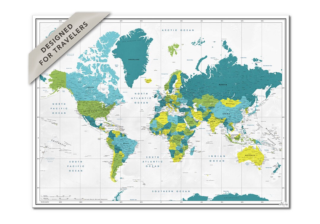 World Map Poster, Map of the World Print, Travel Map Poster With Pins ...