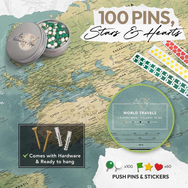 Personalized World Map With Pins on Canvas – Travel Tracker Pin Board ...