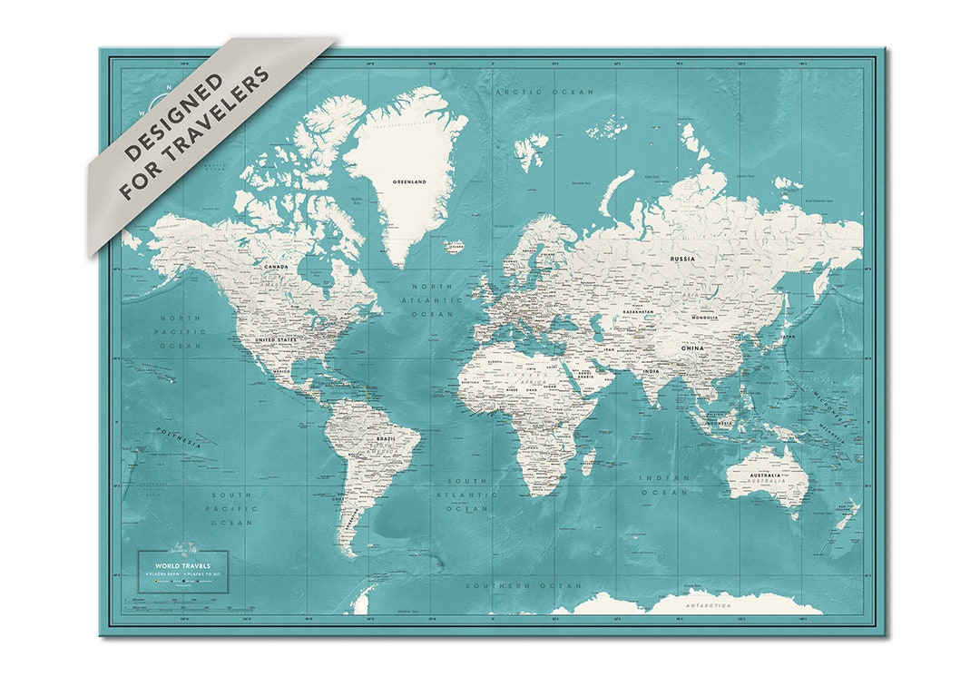 World Map Pinboard, Travel Map Poster With Pins, Personalized Word ...