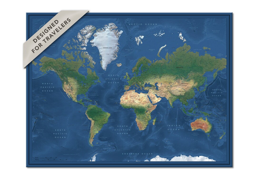 World Map Poster, Natural Colors World Map, Push Pin Map Print, World ...