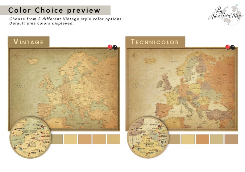 Antique design Europe map with pins Framed vintage Europe | Etsy
