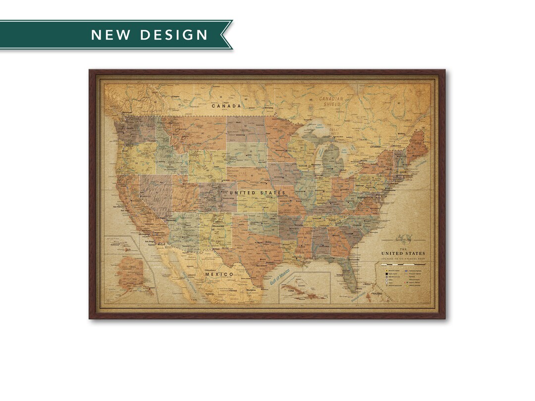 Detailed United States Map With Pins - Framed Push Pin Travel Map ...