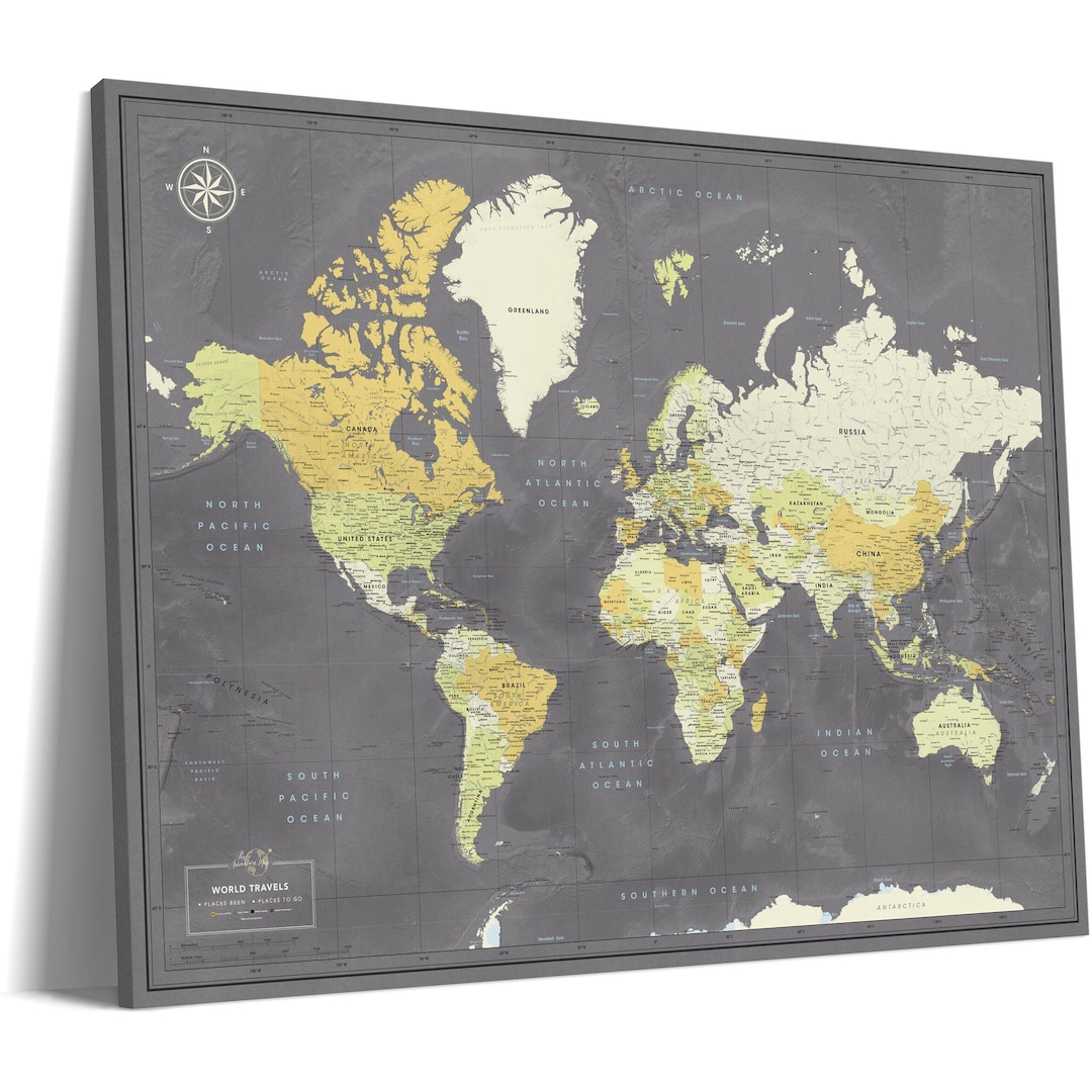 Push Pin Travel Map With Quote - World Map Pin Board on Canvas - Large ...