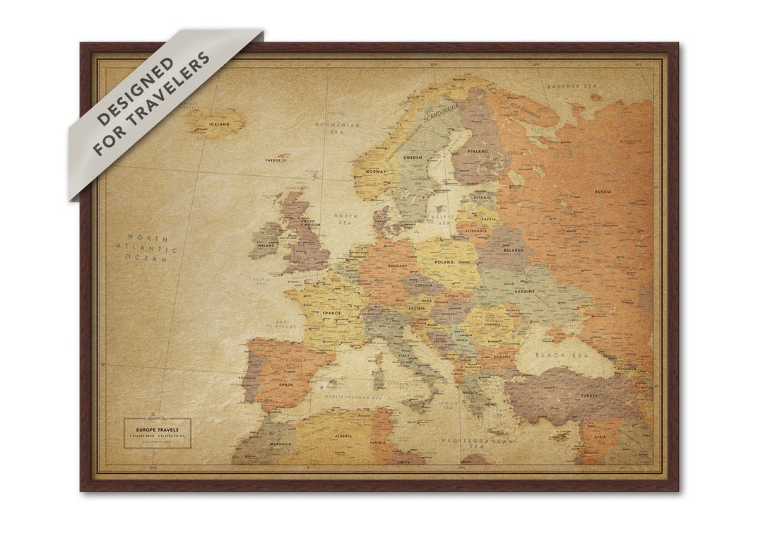 Antique Design Europe Map With Pins - Framed Vintage Europe Travel Map ...