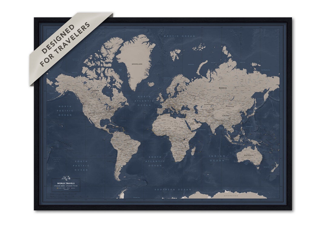 Push Pin World Map With Personalization - Framed Minimalist Travel Map ...