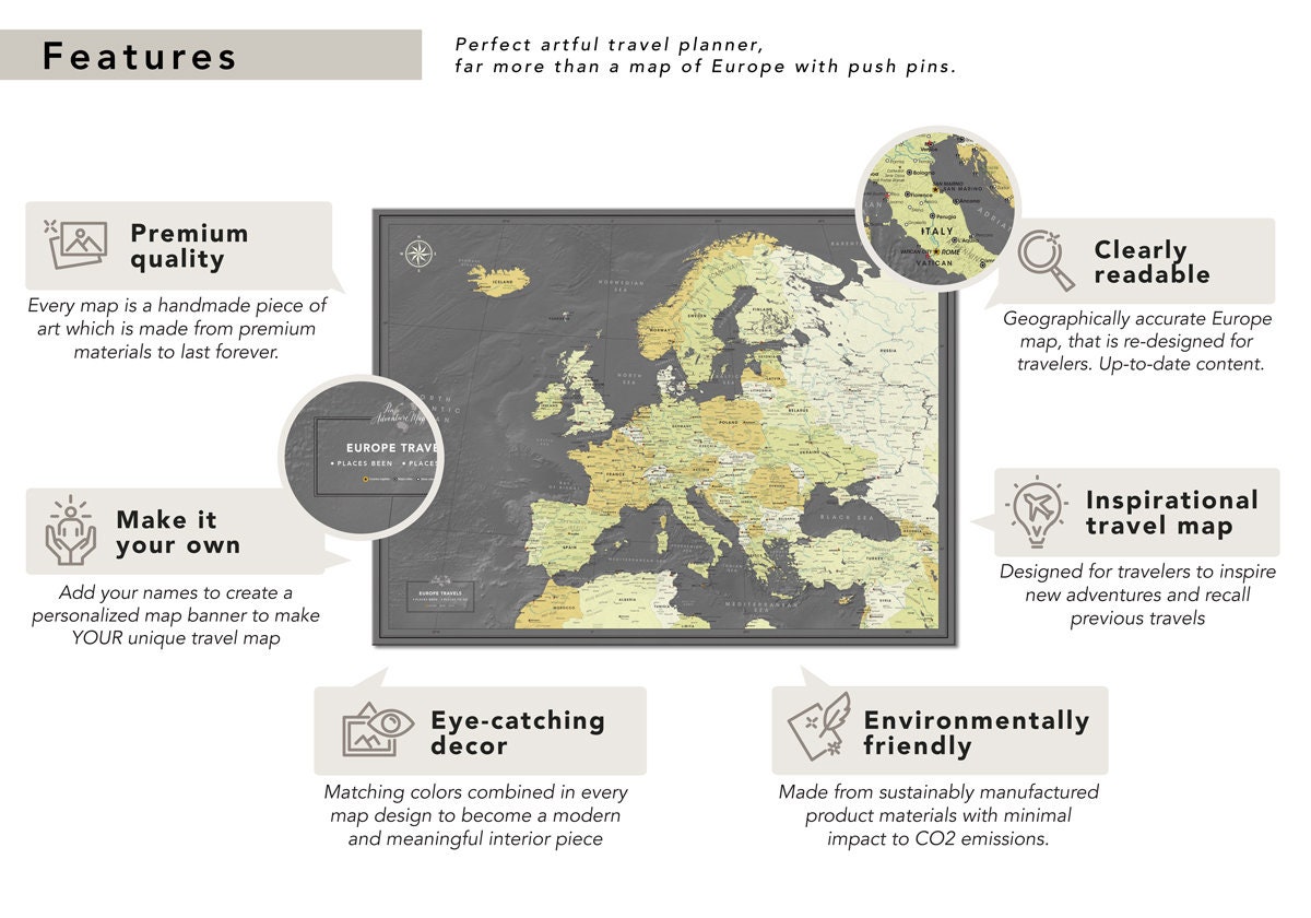 Europe poster Travel map with push pins European map Pin | Etsy