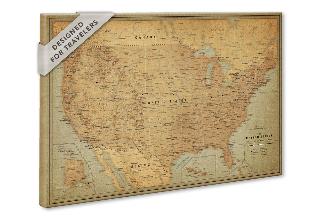 Vintage US Map, Accurate USA Map on Canvas, Push Pin Map of the United ...