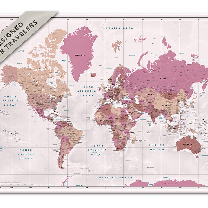 Pink World Map - Etsy