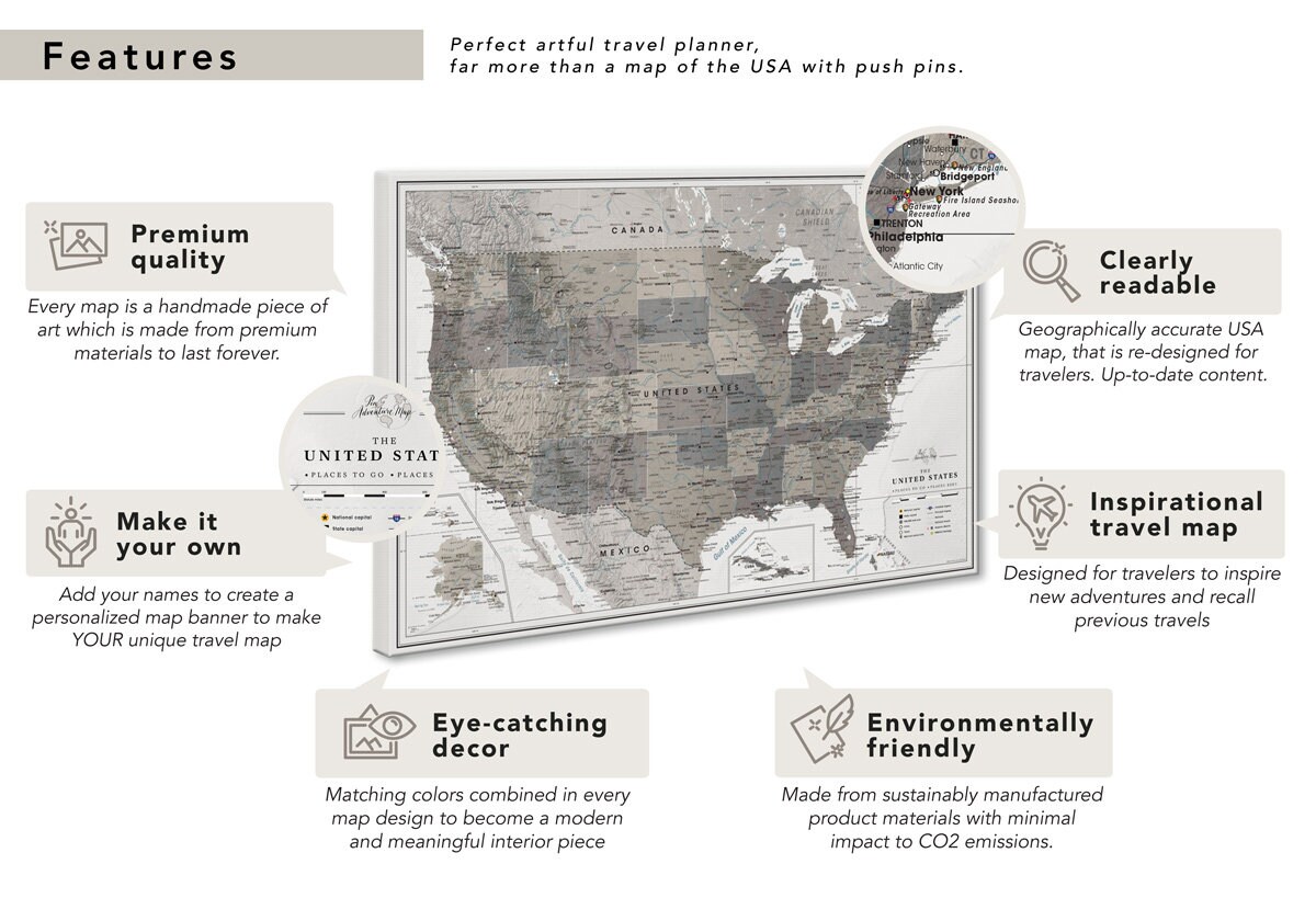 USA map for travelers Detailed United States map on canvas | Etsy