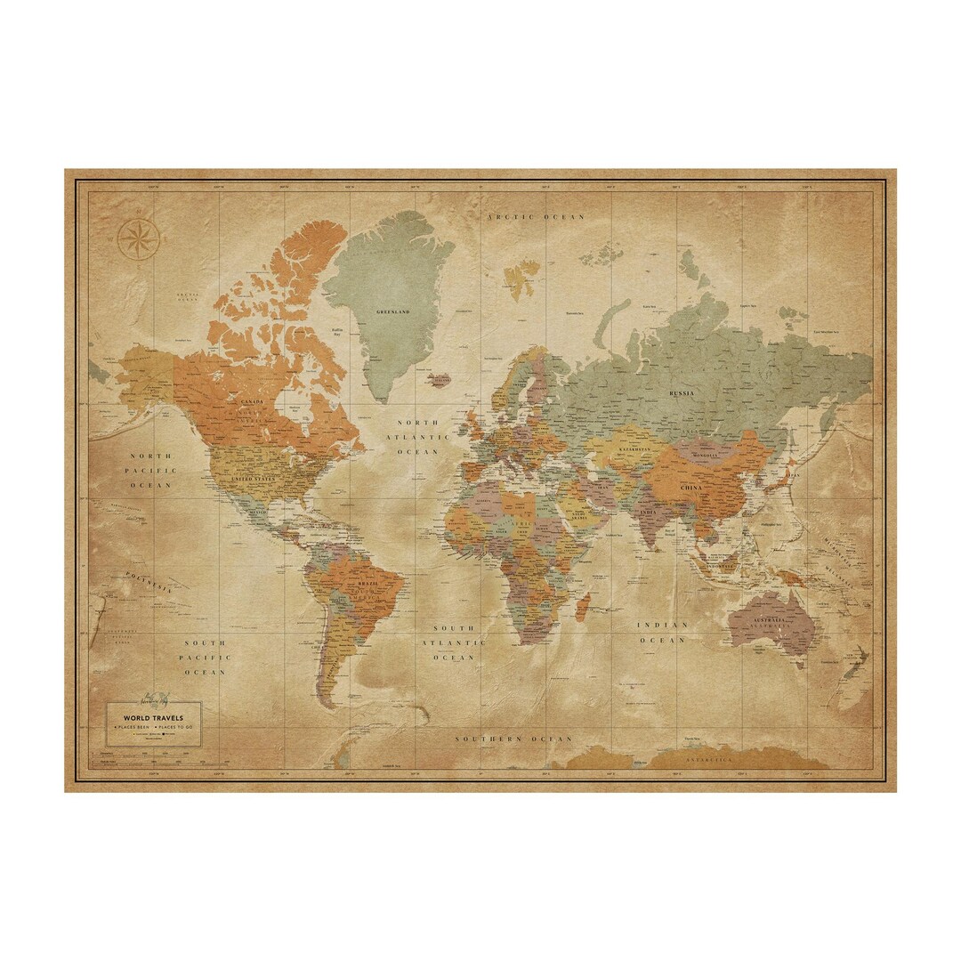 Vintage Style World Map Poster – Personalized Push Pin Travel Art - Etsy