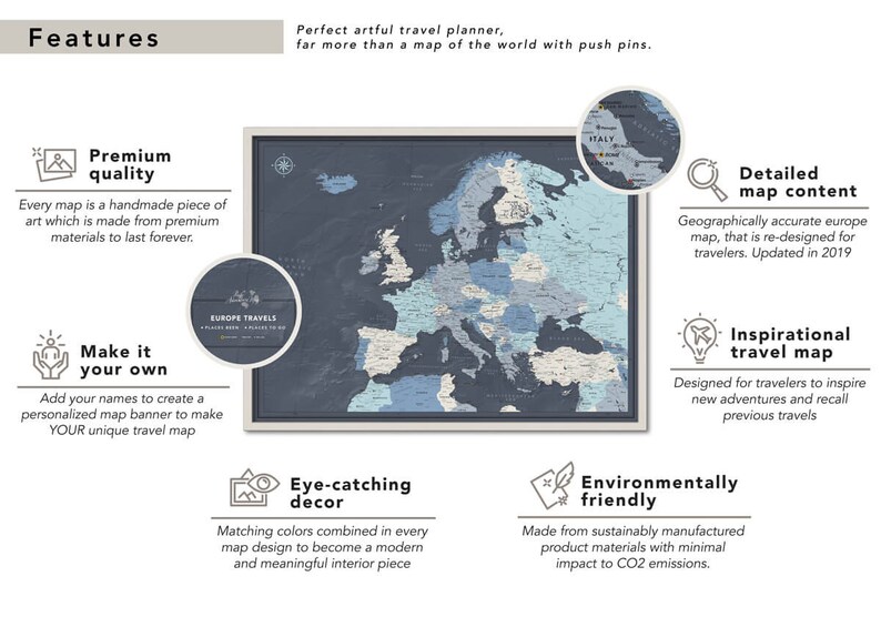 Framed Europe Travel Map With Pins Modern Design Europe Map | Etsy