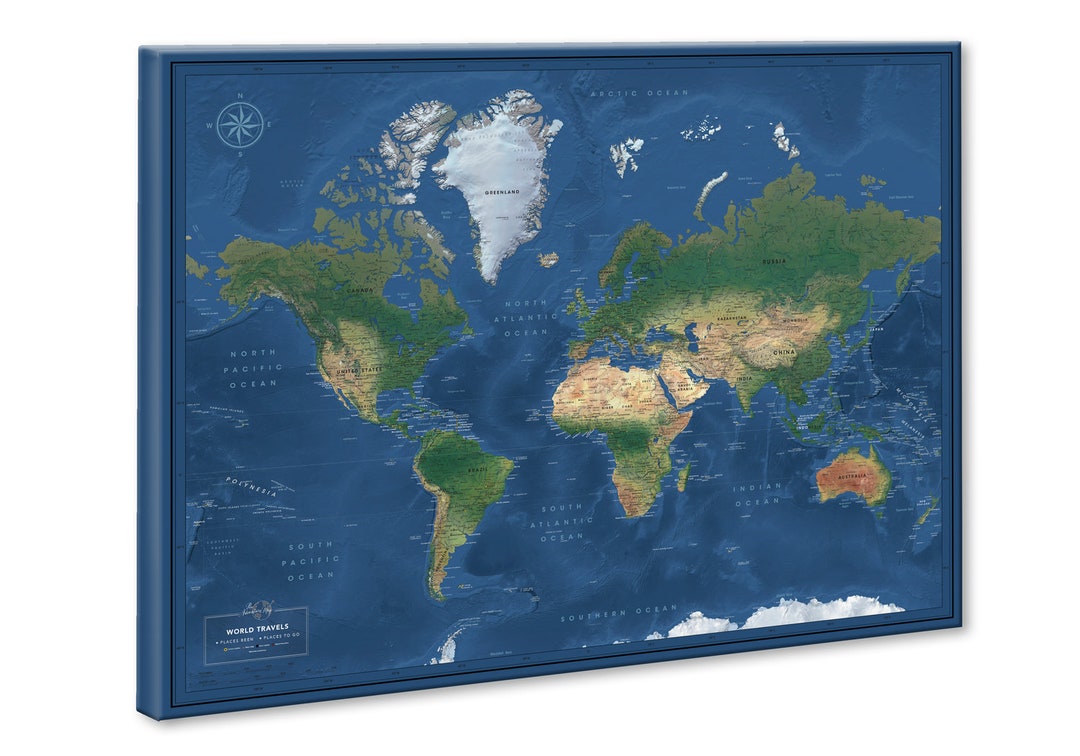 Detailed World Map on Canvas, Natural Colors World Map, Global Push Pin ...