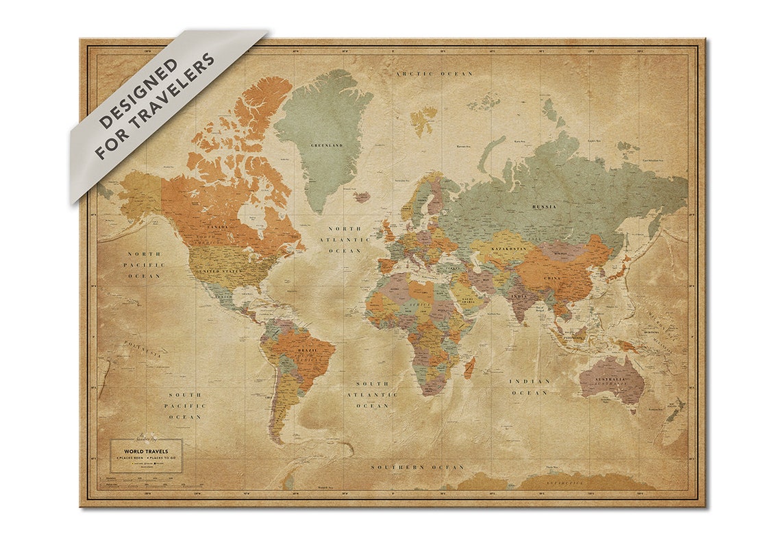 Vintage style map of the world poster Family travel pin map | Etsy