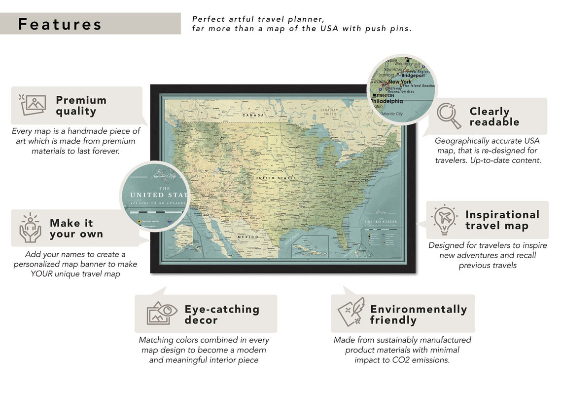 Framed Push Pin Map of the United States USA Travel Map | Etsy