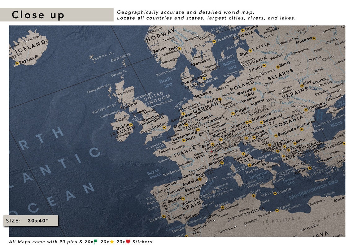 World Map Poster - Push Pin Travel Map - Anniversary Gift - Pinboard ...