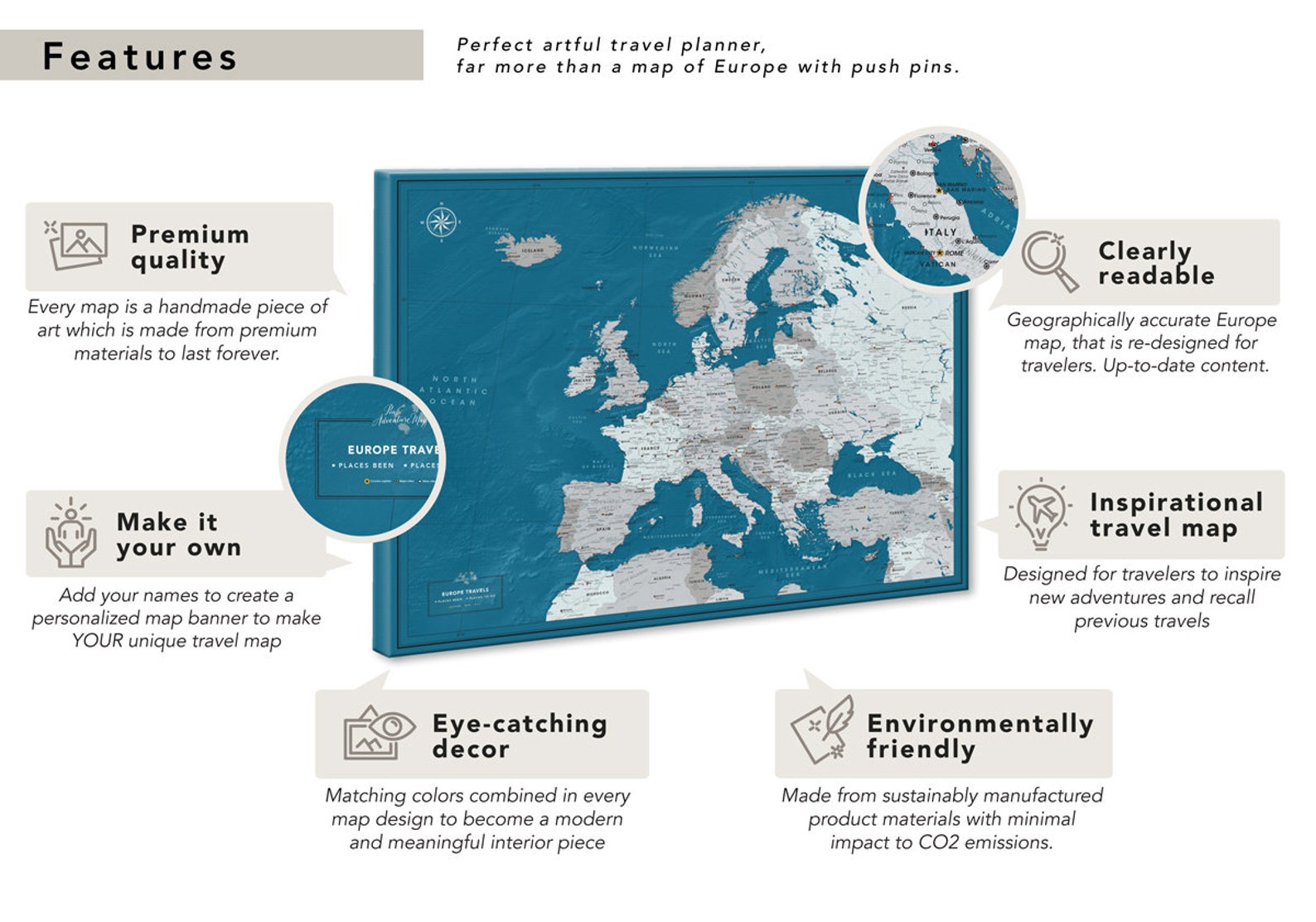 Europe Travel Map Canvas Push Pin Map Personalized Travel | Etsy