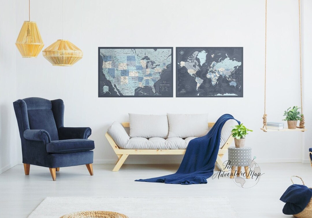 Travel Maps Set, Maps Wall Decor, USA and World Maps, Push Pin Map on ...