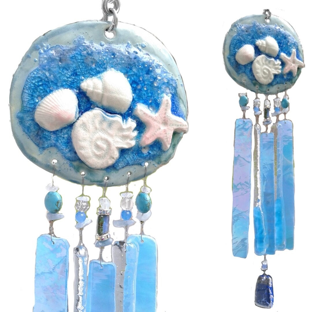 Turquoise Sea Glass Wind Chime Ocean Wave Ceramic Sun Catcher Seashell ...