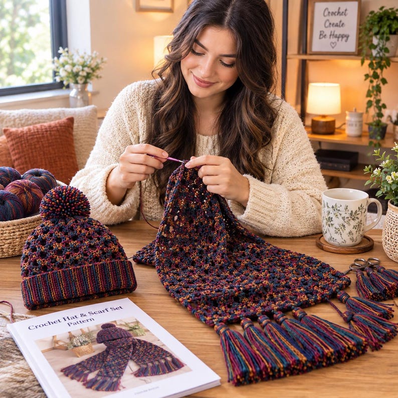 Beginner Crochet Hat Scarf Set Pattern, Textured Beanie With Pom-pom ...
