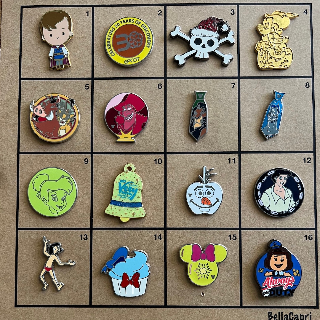 Disney Pins Set B EPCOT, Candy Apple, Mowgli, Tinkerbell, Villain ...