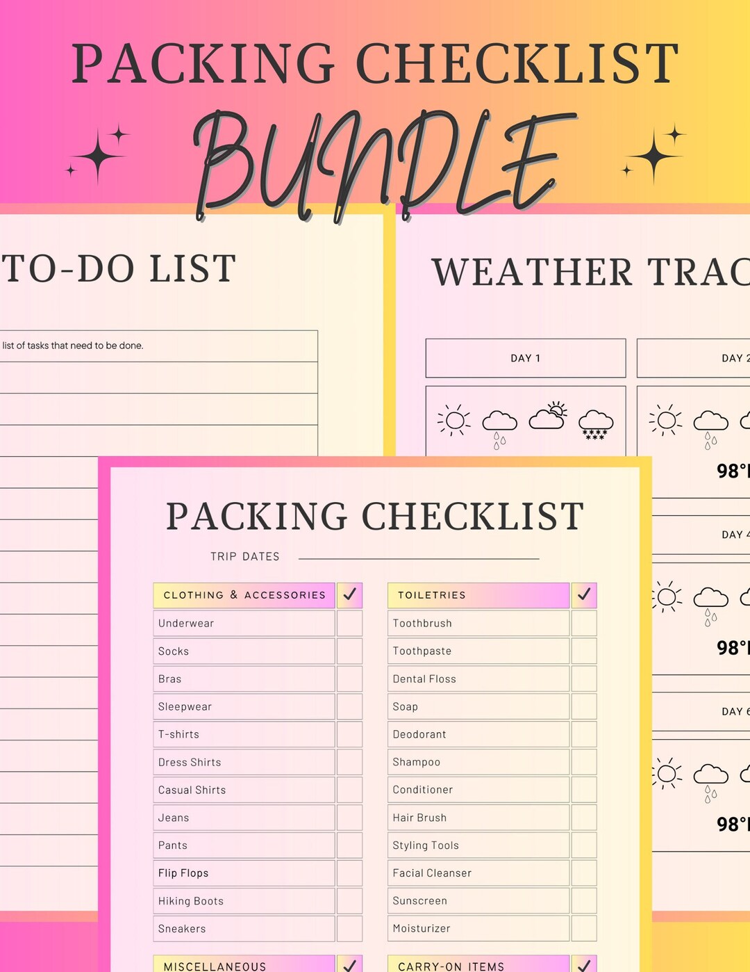 Editable Rainbow Packing List to Do and More Bundle Canva DIY Travel ...