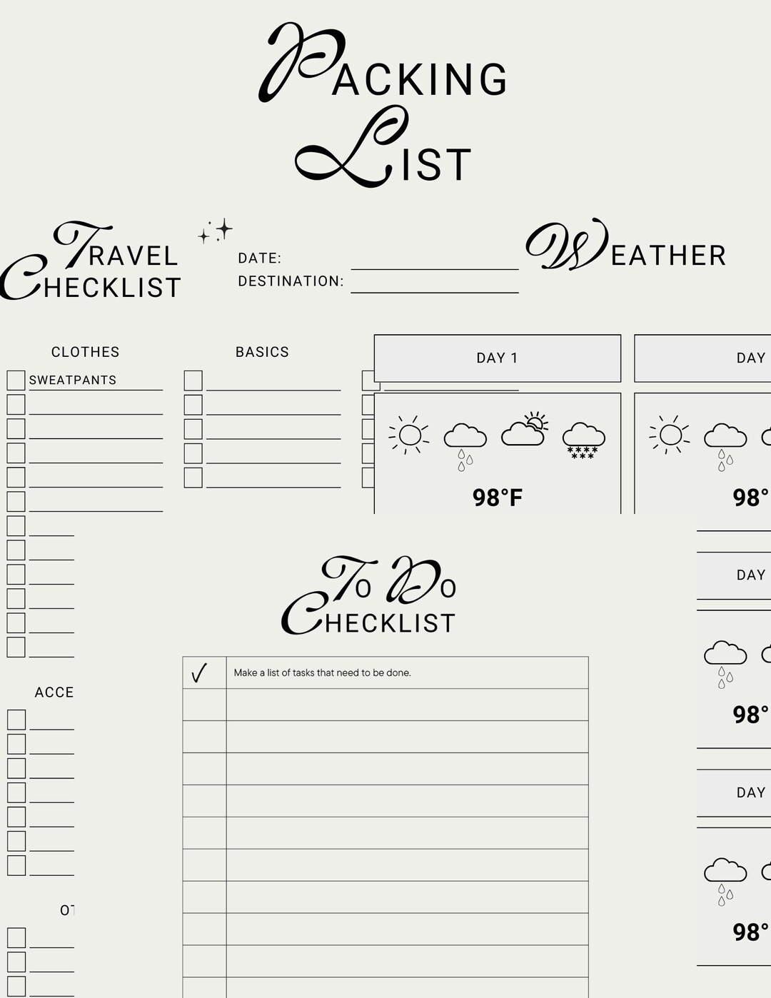 Editable Packing List to Do and More Bundle Canva DIY Travel Organize ...