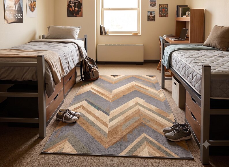 Chevron Woodgrain Modern Washable Rug, Neutral Geometric Area Rug, Boho ...