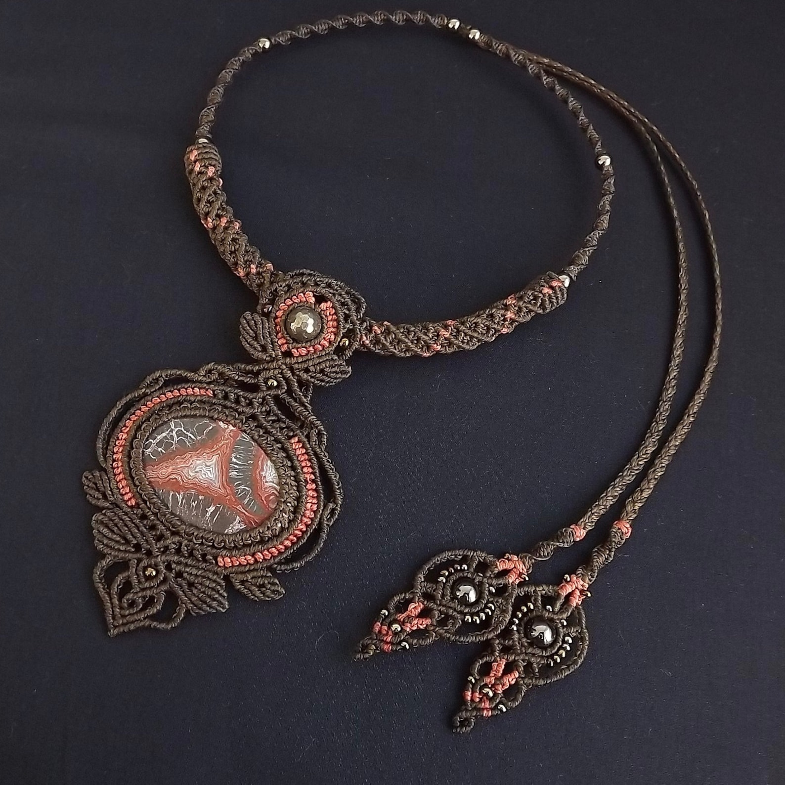 Macrame Pendant, 3D Macrame Necklace, Crazy Lace Agate Necklace ...