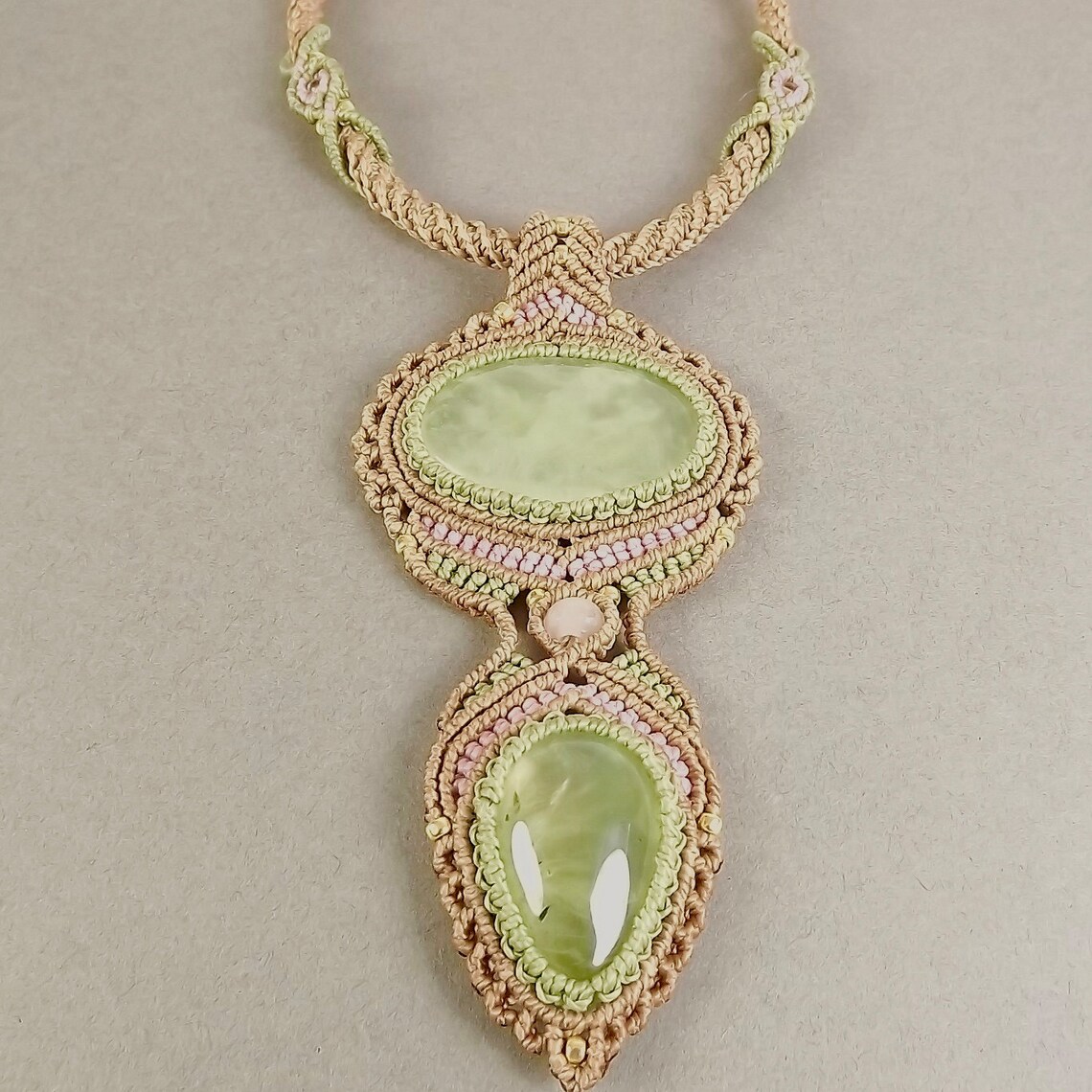 Macrame Pendant Macrame Necklace Prehnite and Rose Quartz in - Etsy