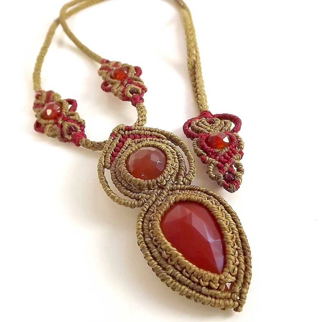 Macrame Necklace, Macrame Pendant, Carnelian Necklace in Khaki and Red ...
