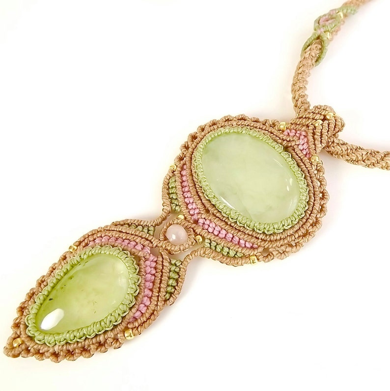 Macrame Pendant Macrame Necklace Prehnite and Rose Quartz in - Etsy