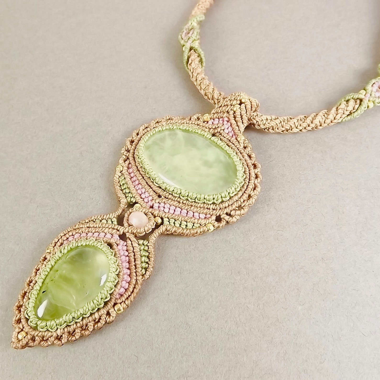 Macrame Pendant, Macrame Necklace, Prehnite and Rose Quartz in Tan ...