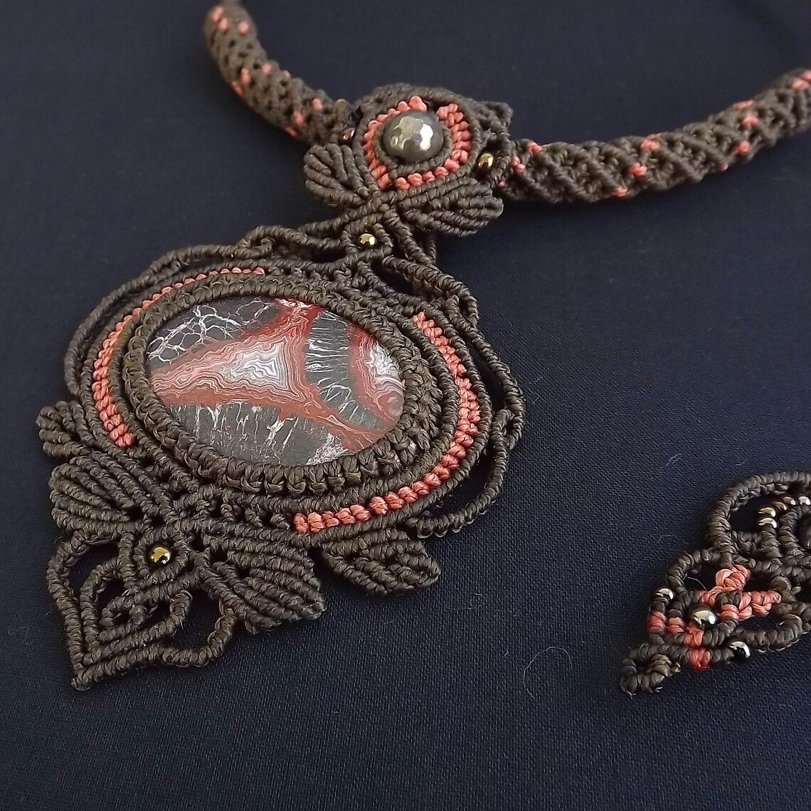 Macrame Pendant, 3D Macrame Necklace, Crazy Lace Agate Necklace ...