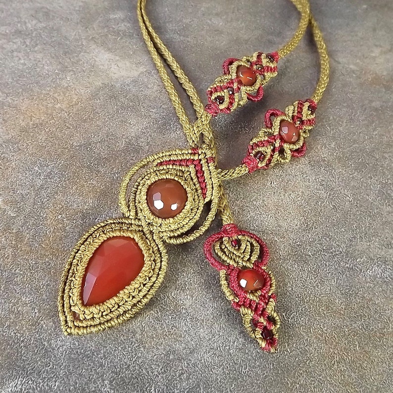 Macrame Necklace, Macrame Pendant, Carnelian Necklace in Khaki and Red ...
