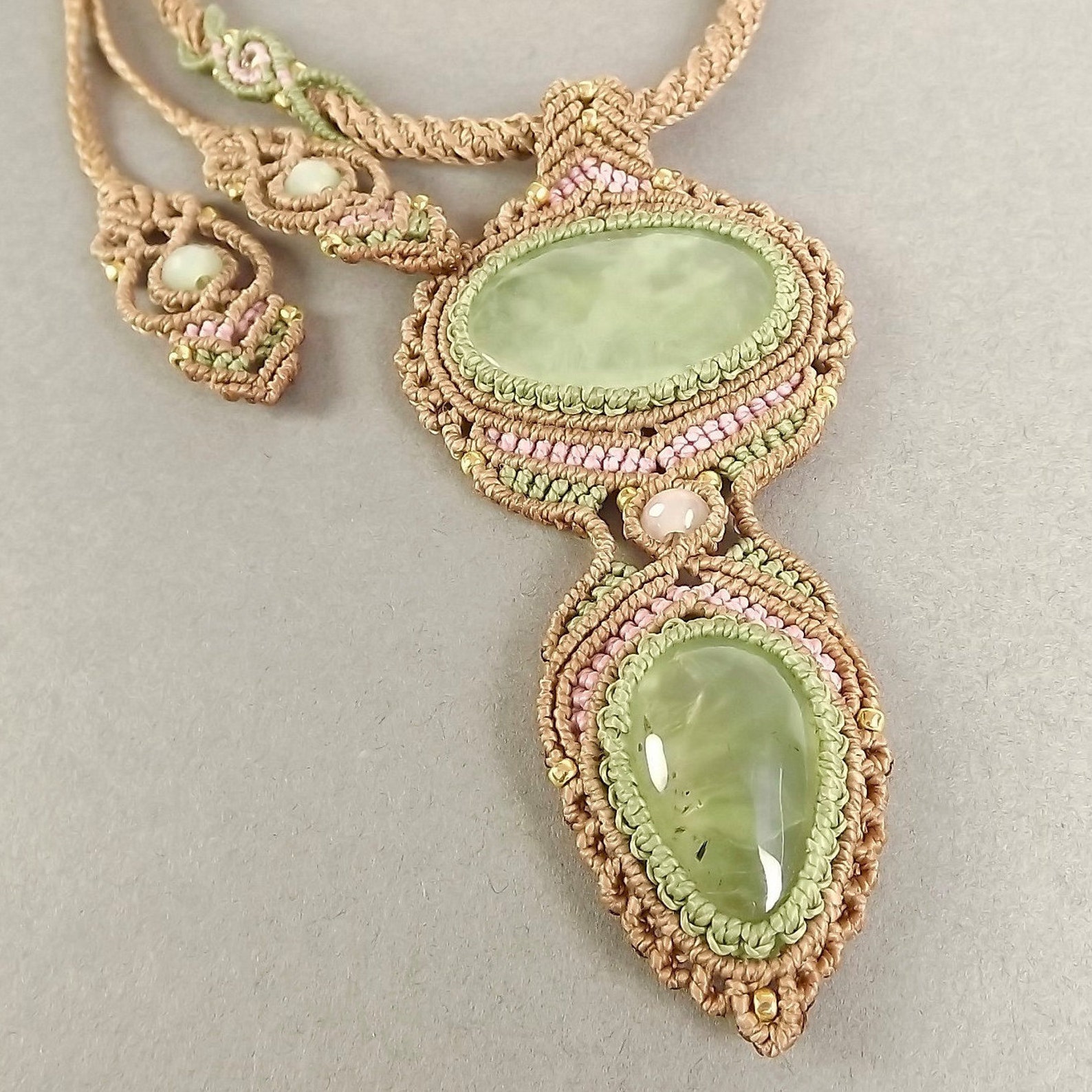 Macrame Pendant, Macrame Necklace, Prehnite and Rose Quartz in Tan ...
