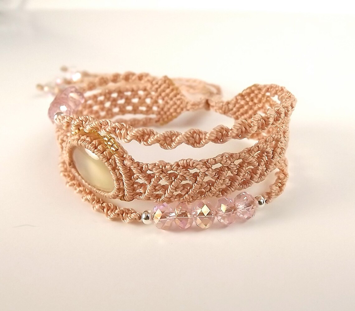 Macrame Bracelet, Three Tier Bracelet With Chalcedony Cabochon, Crystal ...