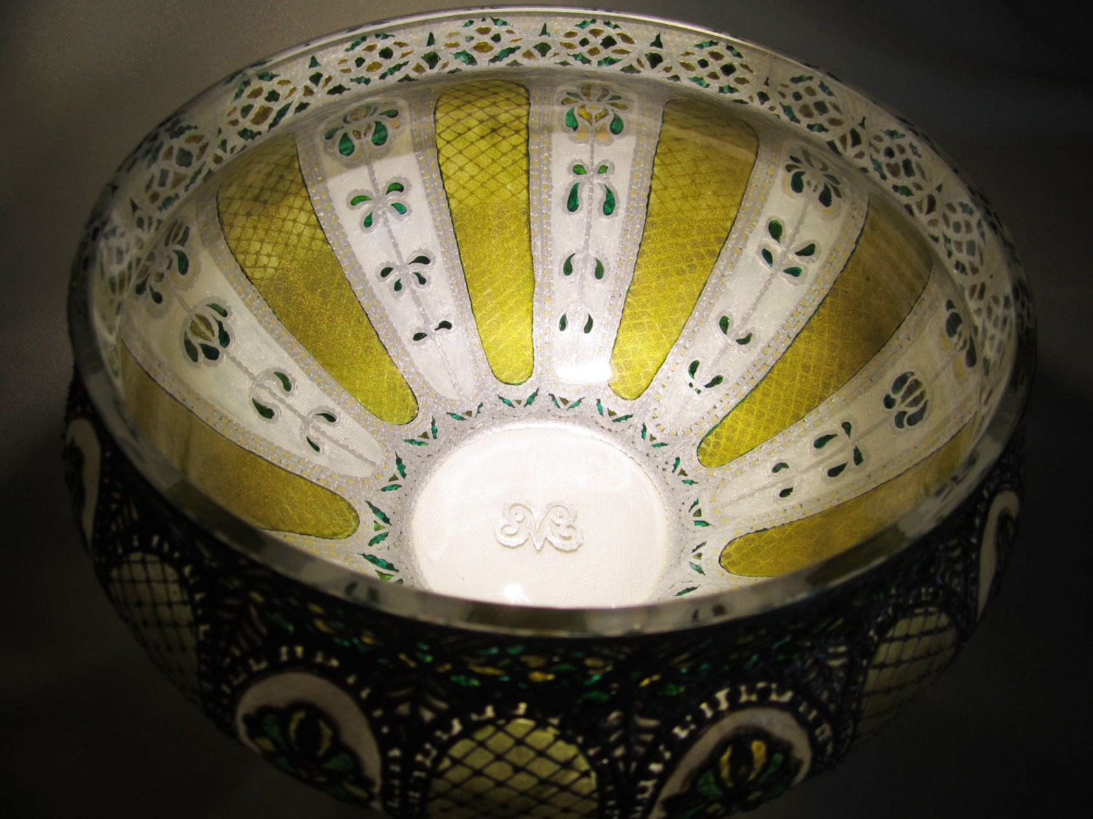 Roman Bowl Hand Painted Heavy Italian Glass Bowl OOAK Silver and Green ...