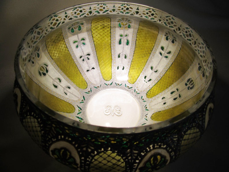 Roman Bowl Hand Painted Heavy Italian Glass Bowl OOAK Silver and Green ...